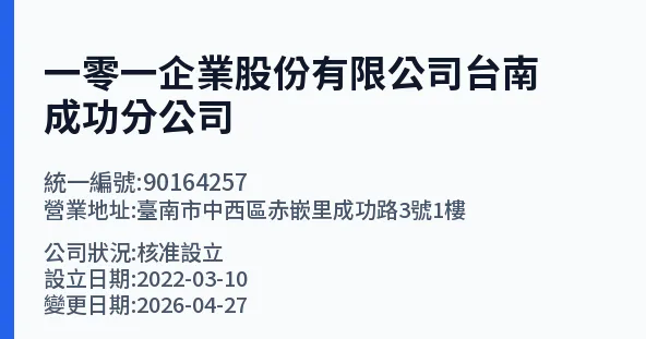 一零一企業股份有限公司台南成功分公司的照片-統編 90164257(臺南市) 公司登記資料與營業項目詳細圖表