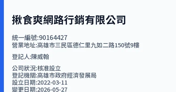 揪食爽網路行銷有限公司的照片-統編 90164427(高雄市) 公司登記資料與營業項目詳細圖表