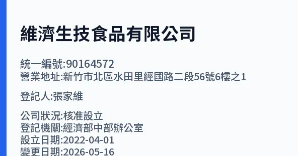 維濟生技食品有限公司的照片-統編 90164572(新竹市) 公司登記資料與營業項目詳細圖表