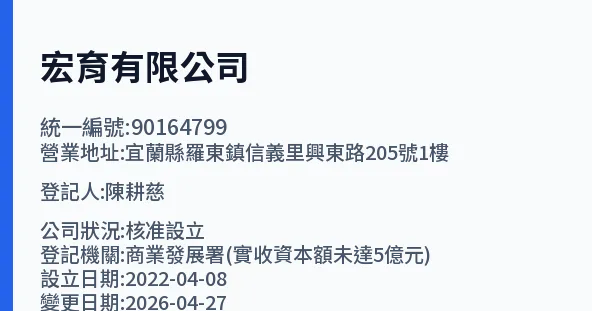 宏育有限公司的照片-統編 90164799(宜蘭縣) 公司登記資料與營業項目詳細圖表