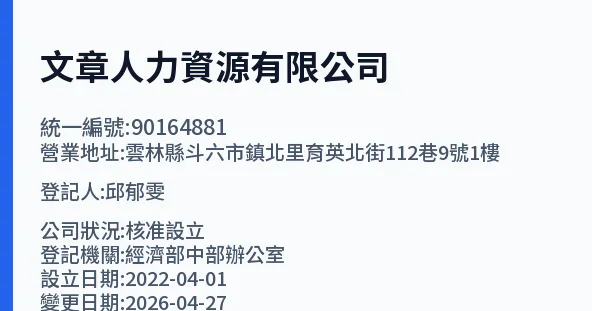 文章人力資源有限公司的照片-統編 90164881(雲林縣) 公司登記資料與營業項目詳細圖表