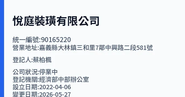 悅庭裝璜有限公司的照片-統編 90165220(嘉義縣) 公司登記資料與營業項目詳細圖表
