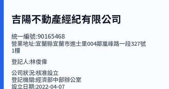 吉陽不動產經紀有限公司的照片-統編 90165468(宜蘭縣) 公司登記資料與營業項目詳細圖表