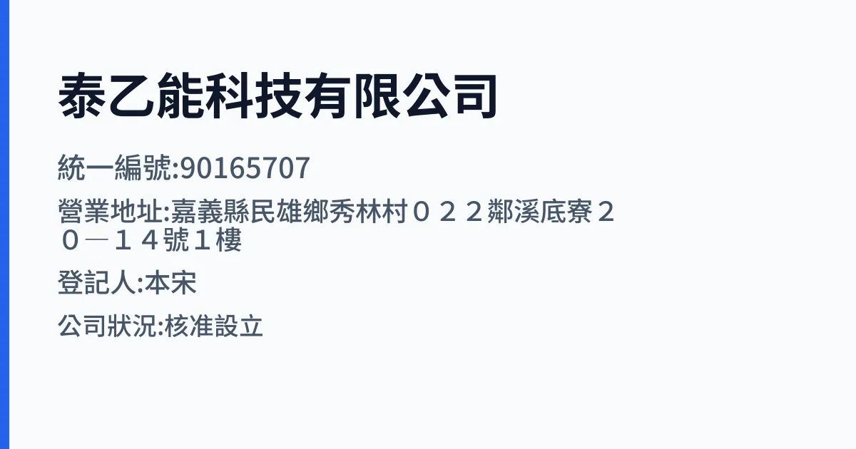 泰乙能科技有限公司 - 統編 90165707(嘉義縣) 公司登記資料與營業項目詳細圖表