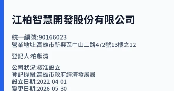 江柏智慧開發股份有限公司的照片-統編 90166023(高雄市) 公司登記資料與營業項目詳細圖表