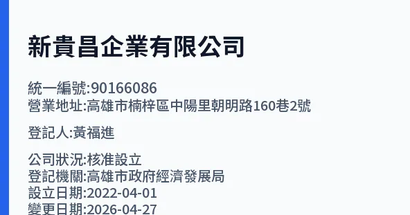 新貴昌企業有限公司的照片-統編 90166086(高雄市) 公司登記資料與營業項目詳細圖表