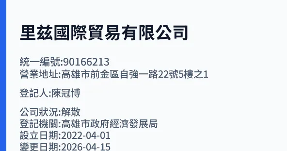 里兹國際貿易有限公司的照片-統編 90166213(高雄市) 公司登記資料與營業項目詳細圖表