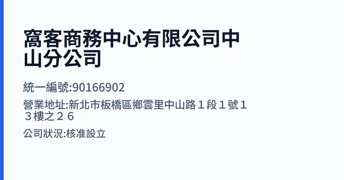 窩客商務中心有限公司中山分公司 - 統編 90166902(新北市) 公司登記資料與營業項目詳細圖表