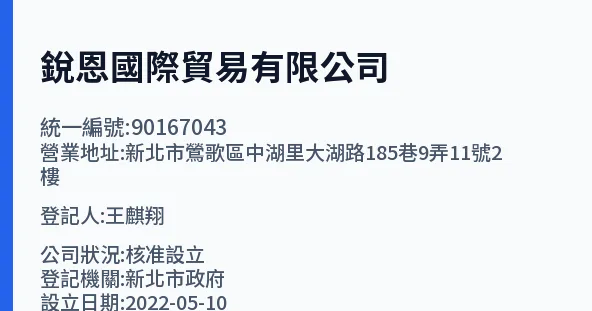 銳恩國際貿易有限公司的照片-統編 90167043(新北市) 公司登記資料與營業項目詳細圖表