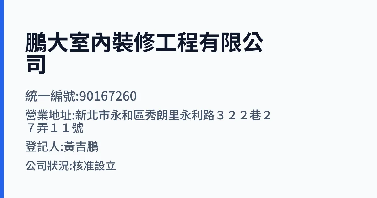 鵬大室內裝修工程有限公司 - 統編 90167260(新北市) 公司登記資料與營業項目詳細圖表