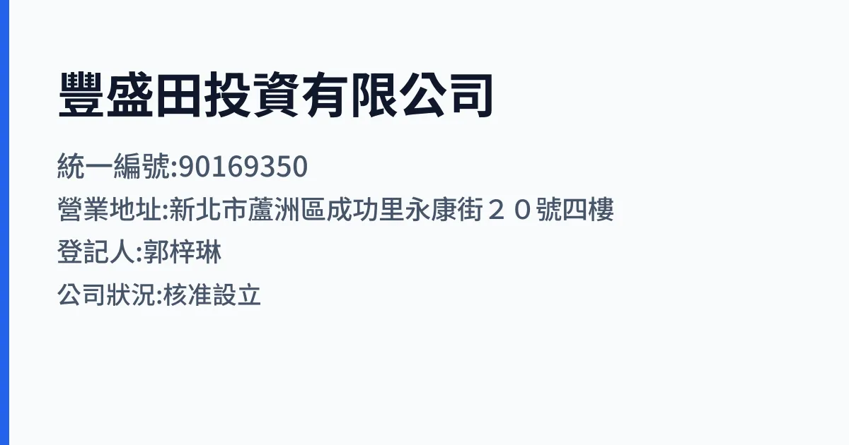 豐盛田投資有限公司 - 統編 90169350(新北市) 公司登記資料與營業項目詳細圖表