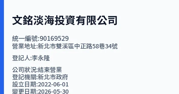 文銘淡海投資有限公司的照片-統編 90169529(新北市) 公司登記資料與營業項目詳細圖表
