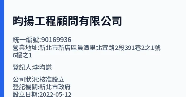 昀揚工程顧問有限公司的照片-統編 90169936(新北市) 公司登記資料與營業項目詳細圖表