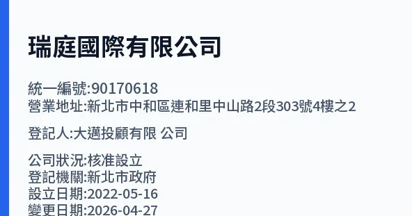 瑞庭國際有限公司的照片-統編 90170618(新北市) 公司登記資料與營業項目詳細圖表