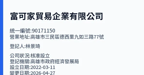 富可家貿易企業有限公司的照片-統編 90171150(高雄市) 公司登記資料與營業項目詳細圖表