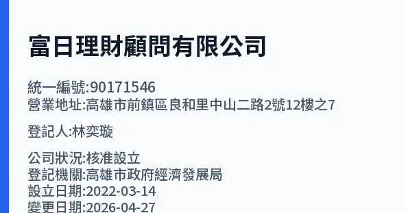 富日理財顧問有限公司的照片-統編 90171546(高雄市) 公司登記資料與營業項目詳細圖表