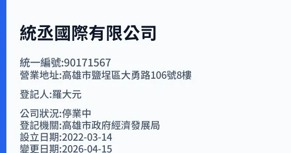 統丞國際有限公司的照片-統編 90171567(高雄市) 公司登記資料與營業項目詳細圖表