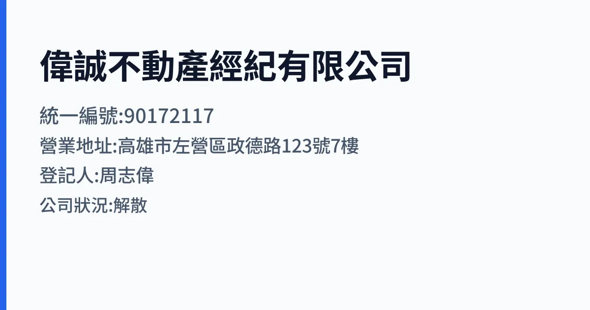 偉誠不動產經紀有限公司 - 統編 90172117(高雄市) 公司登記資料與營業項目詳細圖表