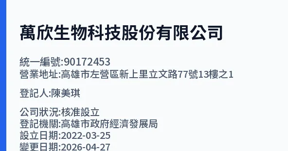 萬欣生物科技股份有限公司的照片-統編 90172453(高雄市) 公司登記資料與營業項目詳細圖表