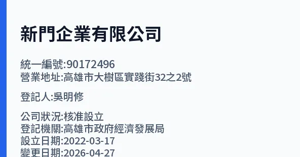 新門企業有限公司的照片-統編 90172496(高雄市) 公司登記資料與營業項目詳細圖表