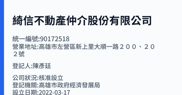 綺信不動產仲介股份有限公司的照片-統編 90172518(高雄市) 公司登記資料與營業項目詳細圖表