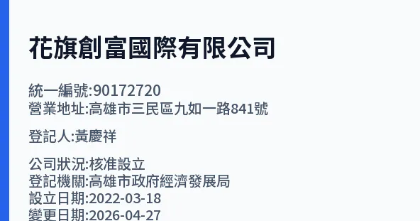 花旗創富國際有限公司的照片-統編 90172720(高雄市) 公司登記資料與營業項目詳細圖表
