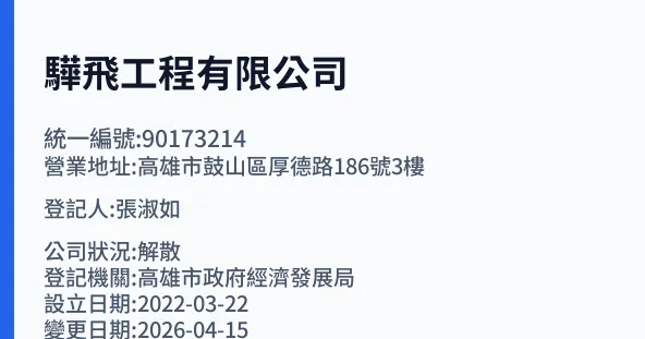 驊飛工程有限公司的照片-統編 90173214(高雄市) 公司登記資料與營業項目詳細圖表