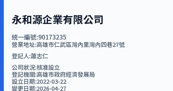 永和源企業有限公司的照片-統編 90173235(高雄市) 公司登記資料與營業項目詳細圖表