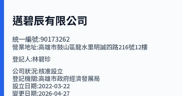邁碧辰有限公司的照片-統編 90173262(高雄市) 公司登記資料與營業項目詳細圖表