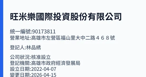 旺米樂國際投資股份有限公司的照片-統編 90173811(高雄市) 公司登記資料與營業項目詳細圖表