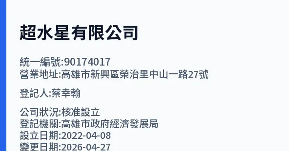 超水星有限公司的照片-統編 90174017(高雄市) 公司登記資料與營業項目詳細圖表