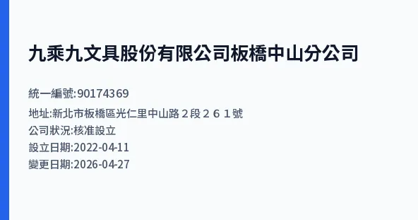 九乘九文具股份有限公司板橋中山分公司的照片-統編 90174369(新北市) 公司登記資料與營業項目詳細圖表