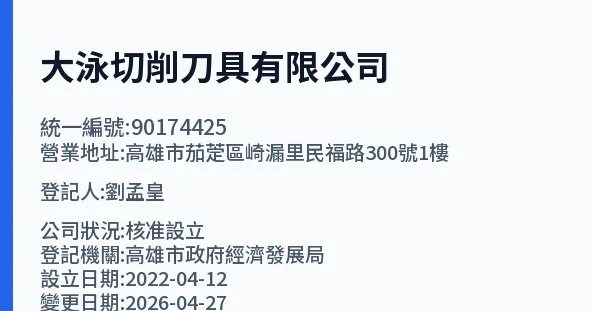 大泳切削刀具有限公司的照片-統編 90174425(高雄市) 公司登記資料與營業項目詳細圖表