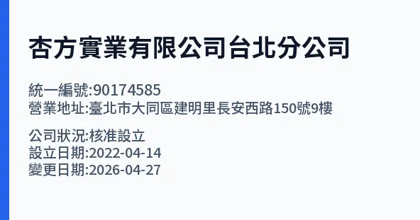 杏方實業有限公司台北分公司的照片-統編 90174585(臺北市) 公司登記資料與營業項目詳細圖表