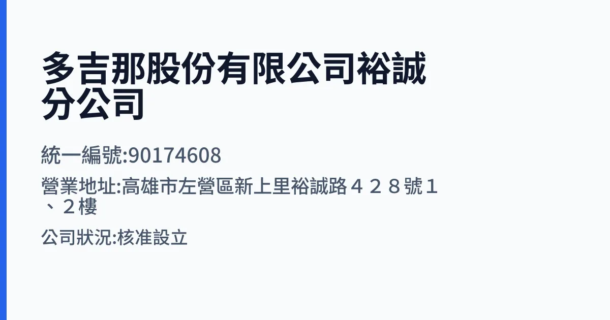 多吉那股份有限公司裕誠分公司 - 統編 90174608(高雄市) 公司登記資料與營業項目詳細圖表