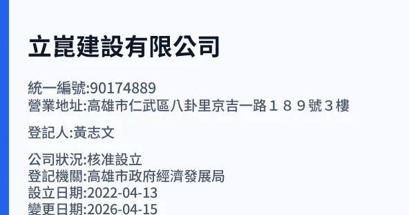 立崑建設有限公司的照片-統編 90174889(高雄市) 公司登記資料與營業項目詳細圖表