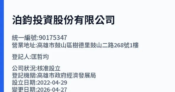 泊鈞投資股份有限公司的照片-統編 90175347(高雄市) 公司登記資料與營業項目詳細圖表