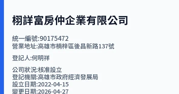 栩詳富房仲企業有限公司的照片-統編 90175472(高雄市) 公司登記資料與營業項目詳細圖表