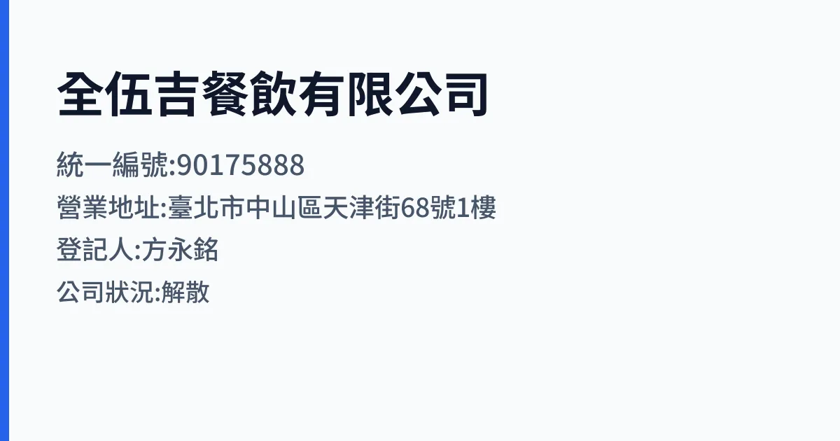 全伍吉餐飲有限公司 - 統編 90175888(臺北市) 公司登記資料與營業項目詳細圖表
