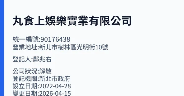丸食上娛樂實業有限公司的照片-統編 90176438(新北市) 公司登記資料與營業項目詳細圖表