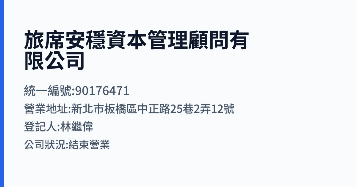 旅席安穩資本管理顧問有限公司 - 統編 90176471(新北市) 公司登記資料與營業項目詳細圖表