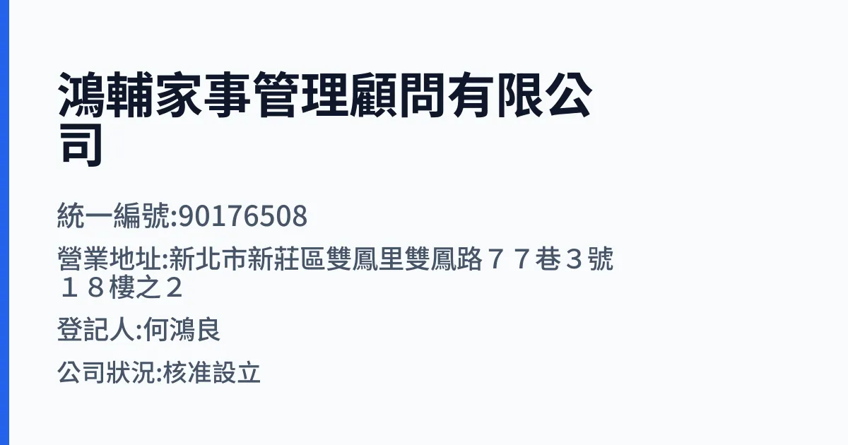 鴻輔家事管理顧問有限公司 - 統編 90176508(新北市) 公司登記資料與營業項目詳細圖表