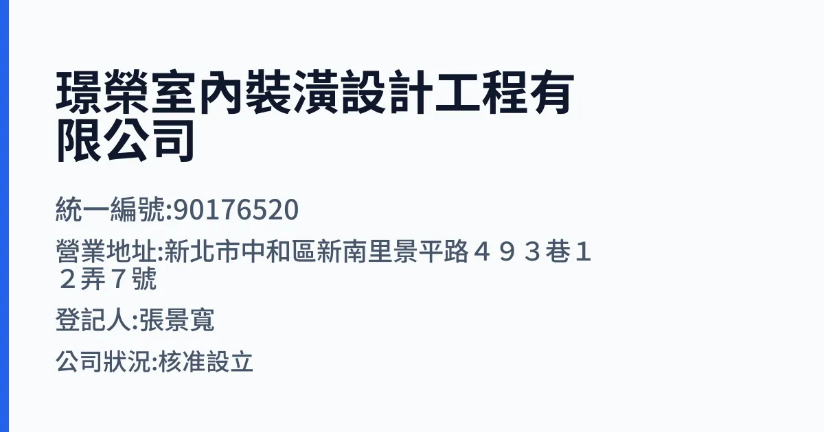 璟榮室內裝潢設計工程有限公司 - 統編 90176520(新北市) 公司登記資料與營業項目詳細圖表