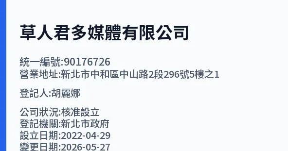 草人君多媒體有限公司的照片-統編 90176726(新北市) 公司登記資料與營業項目詳細圖表