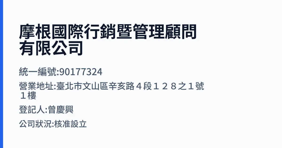 摩根國際行銷暨管理顧問有限公司 - 統編 90177324(臺北市) 公司登記資料與營業項目詳細圖表