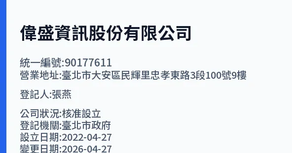 偉盛資訊股份有限公司的照片-統編 90177611(臺北市) 公司登記資料與營業項目詳細圖表