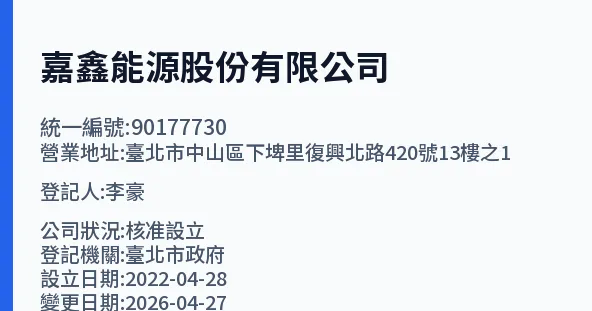 嘉鑫能源股份有限公司的照片-統編 90177730(臺北市) 公司登記資料與營業項目詳細圖表