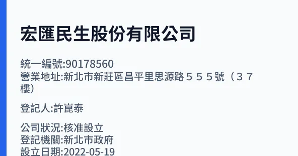 宏匯民生股份有限公司的照片-統編 90178560(新北市) 公司登記資料與營業項目詳細圖表