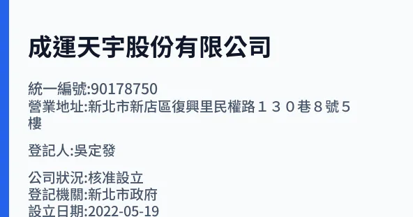 成運天宇股份有限公司的照片-統編 90178750(新北市) 公司登記資料與營業項目詳細圖表