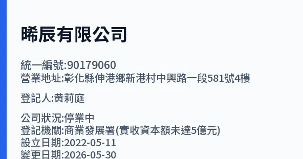 晞辰有限公司的照片-統編 90179060(彰化縣) 公司登記資料與營業項目詳細圖表